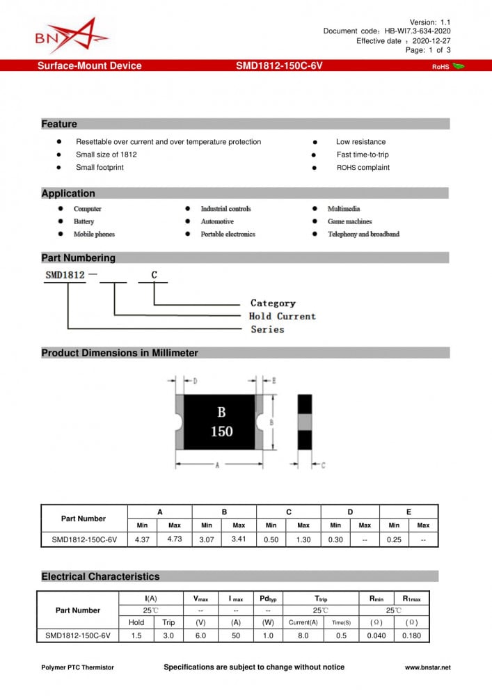 BNstar SMD1812-150C-6V datasheet page 1