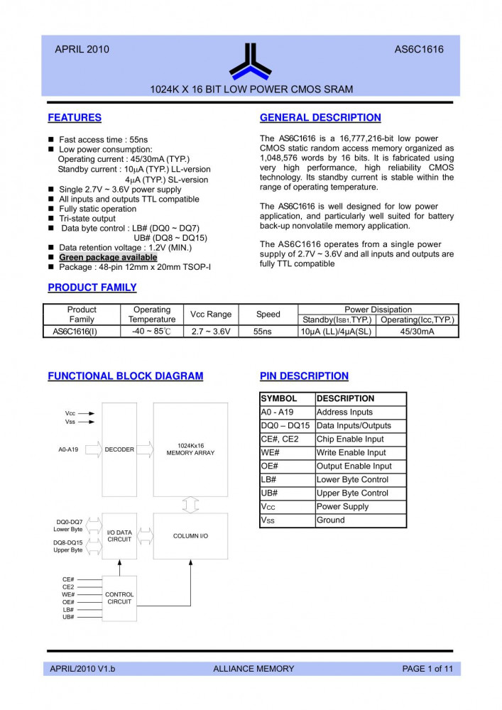 AS6C1616 datasheet page 1
