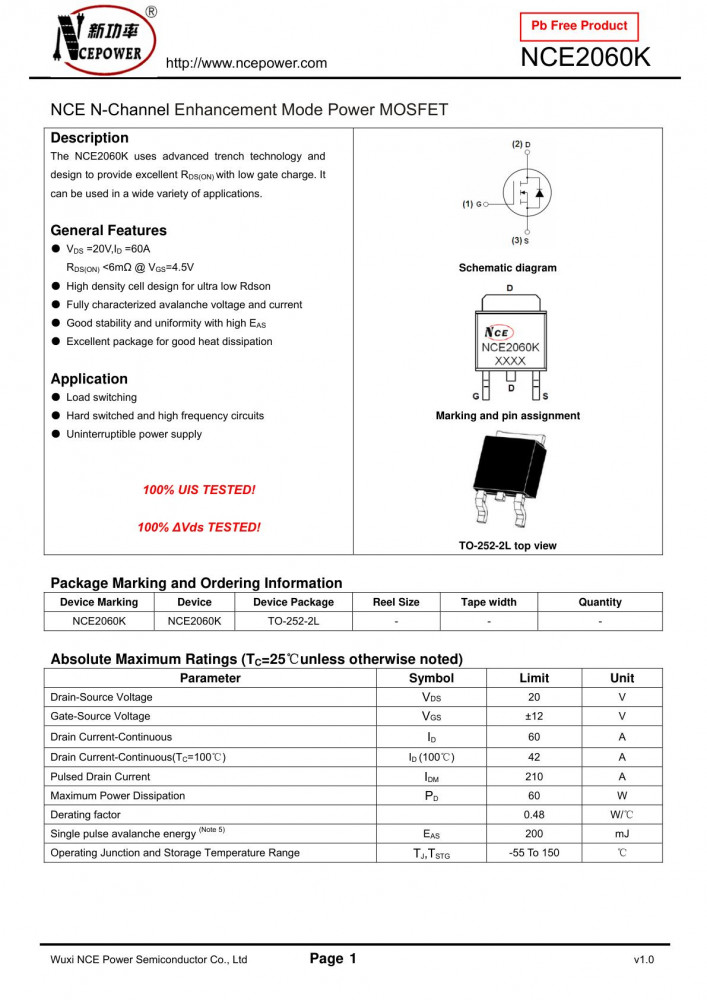NCE2060K datasheet page 1