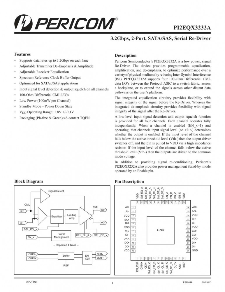 PI2EQX3232AZDEX datasheet page 1