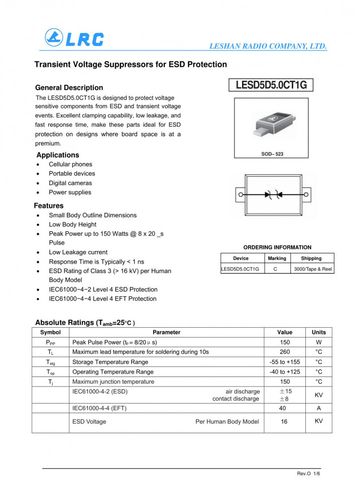 LESD5D5.0CT1G datasheet page 1