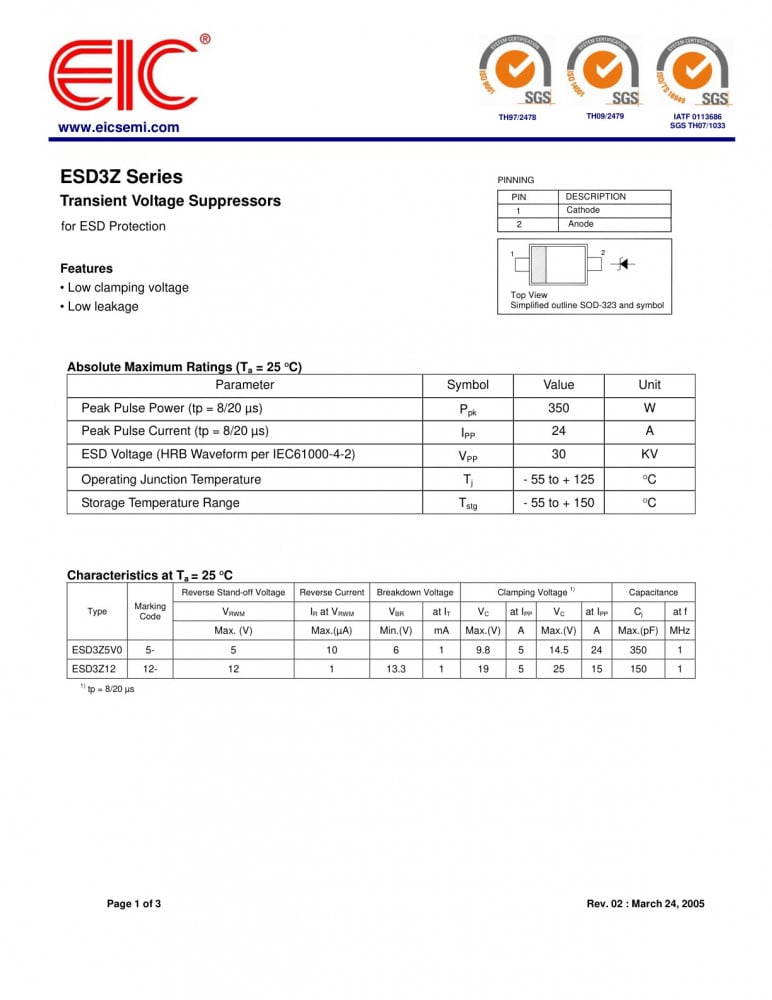 EIC ESD3Z series datasheet page 1