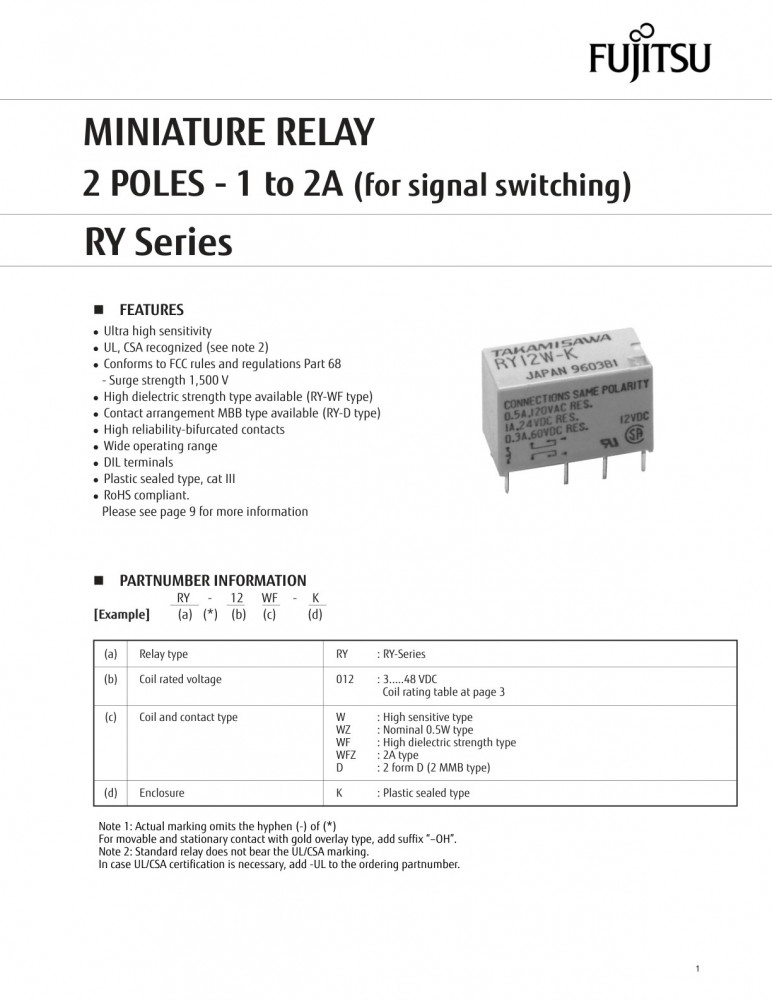 RY Series datasheet page 1