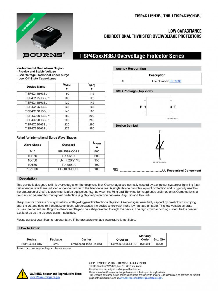 TISP4C290H3BJR-S datasheet page 1
