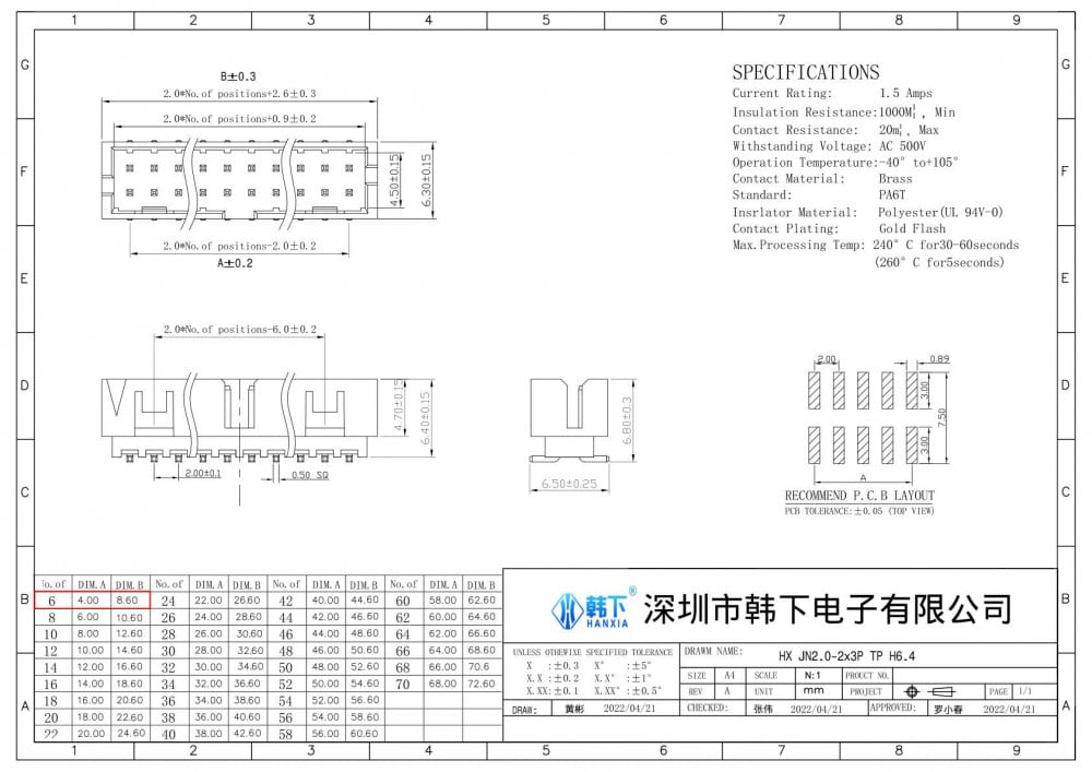 HX JN2.0-2x3P TP H6.4 technical drawing