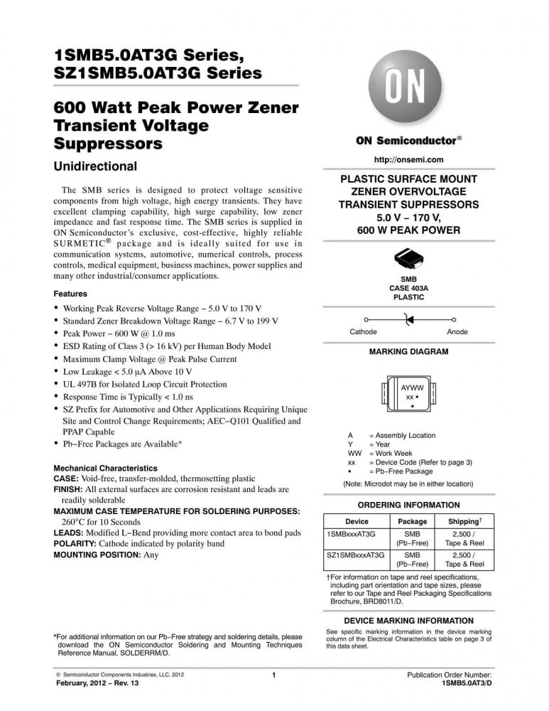 1SMB58AT3G datasheet page 1