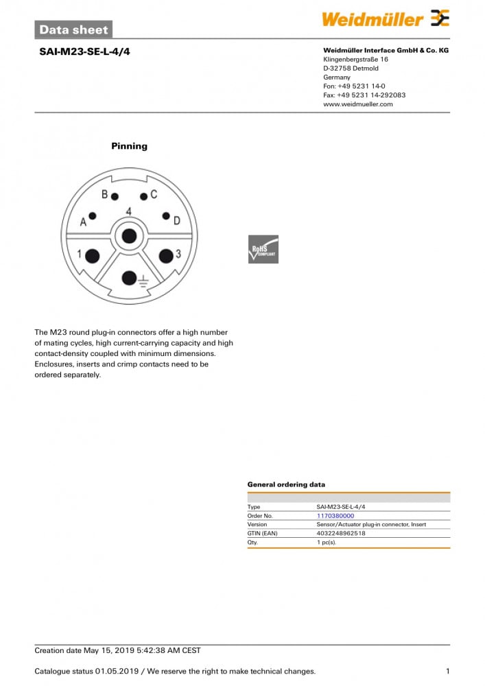 WEIDMULLER 1170380000 technical document page 1