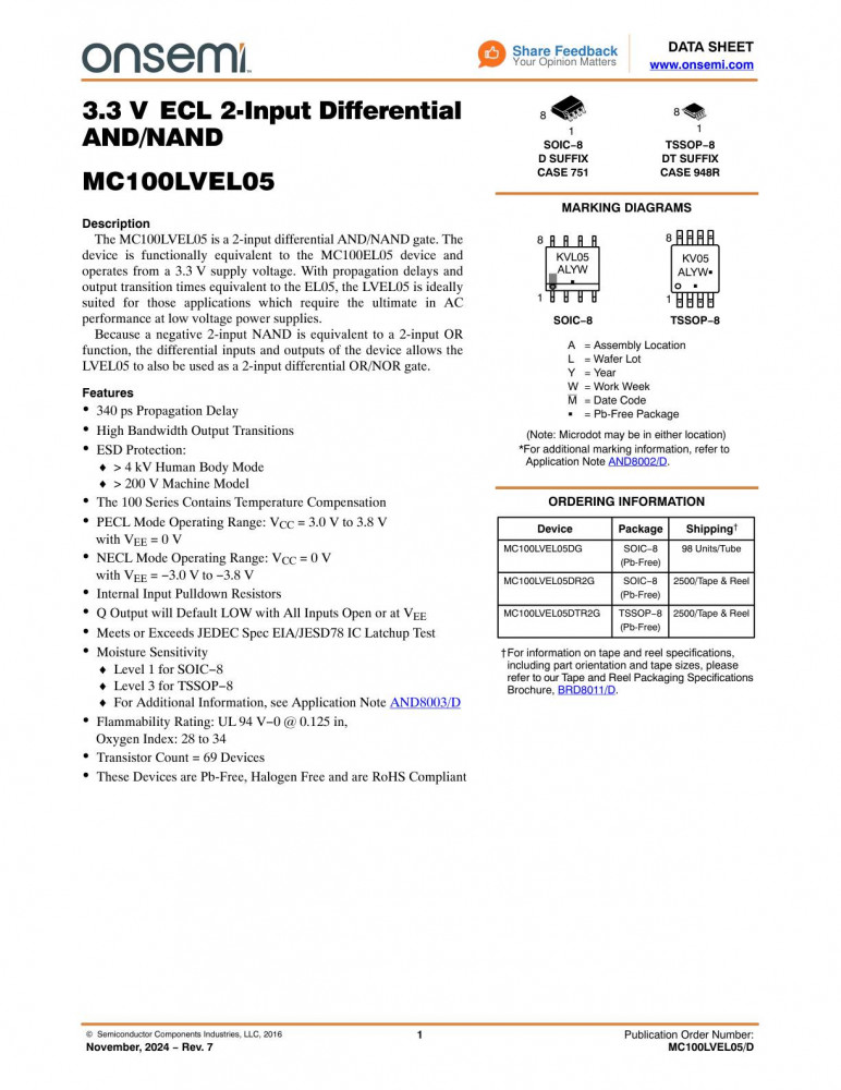 MC100LVEL05 datasheet page 1