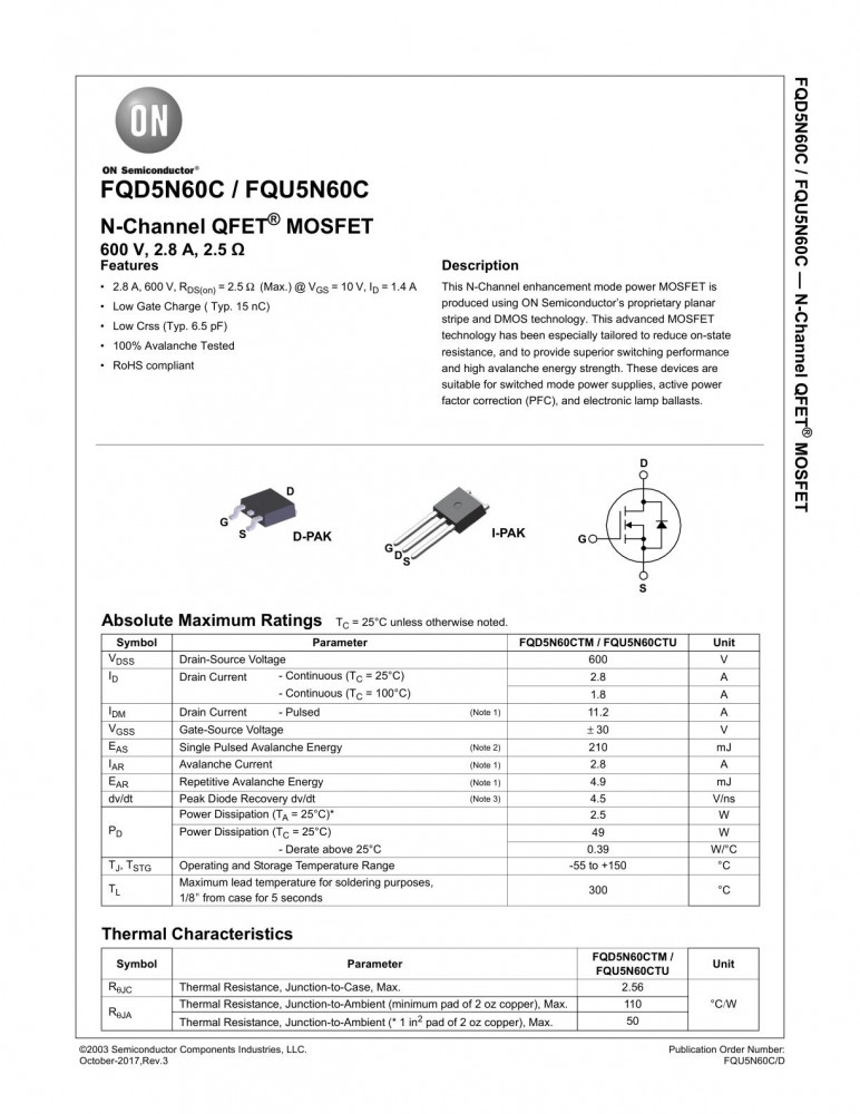 FQD5N60CTM datasheet page 1