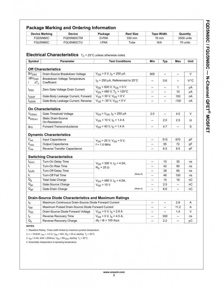 FQD5N60CTM datasheet page 2