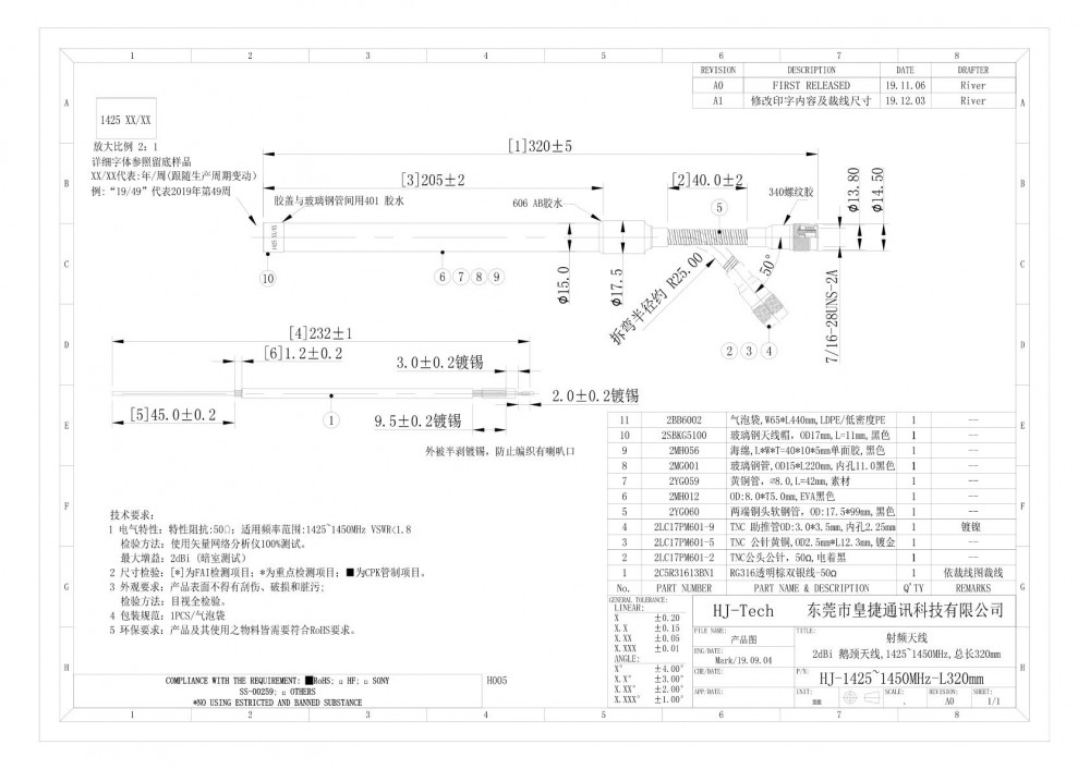 HJ-1425-1450MHz-L320mm technical drawing preview