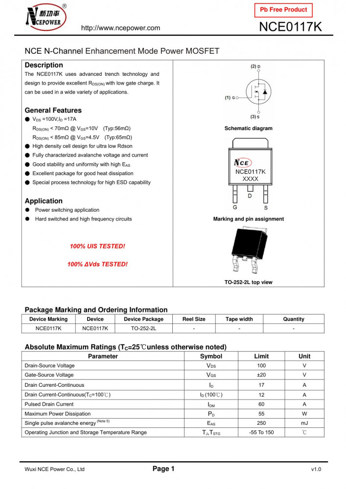 NCE0117K datasheet page 1