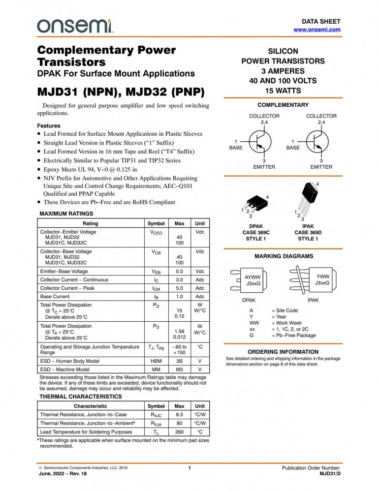 MJD31T4G datasheet page 1