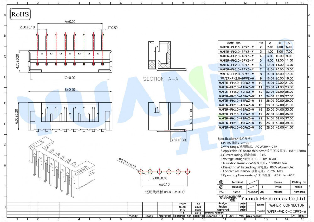 YUANDI WAFER-PH2.0-3PWZ-W technical drawing