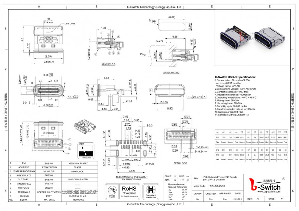 G-Switch GT-USB-9045B technical drawing