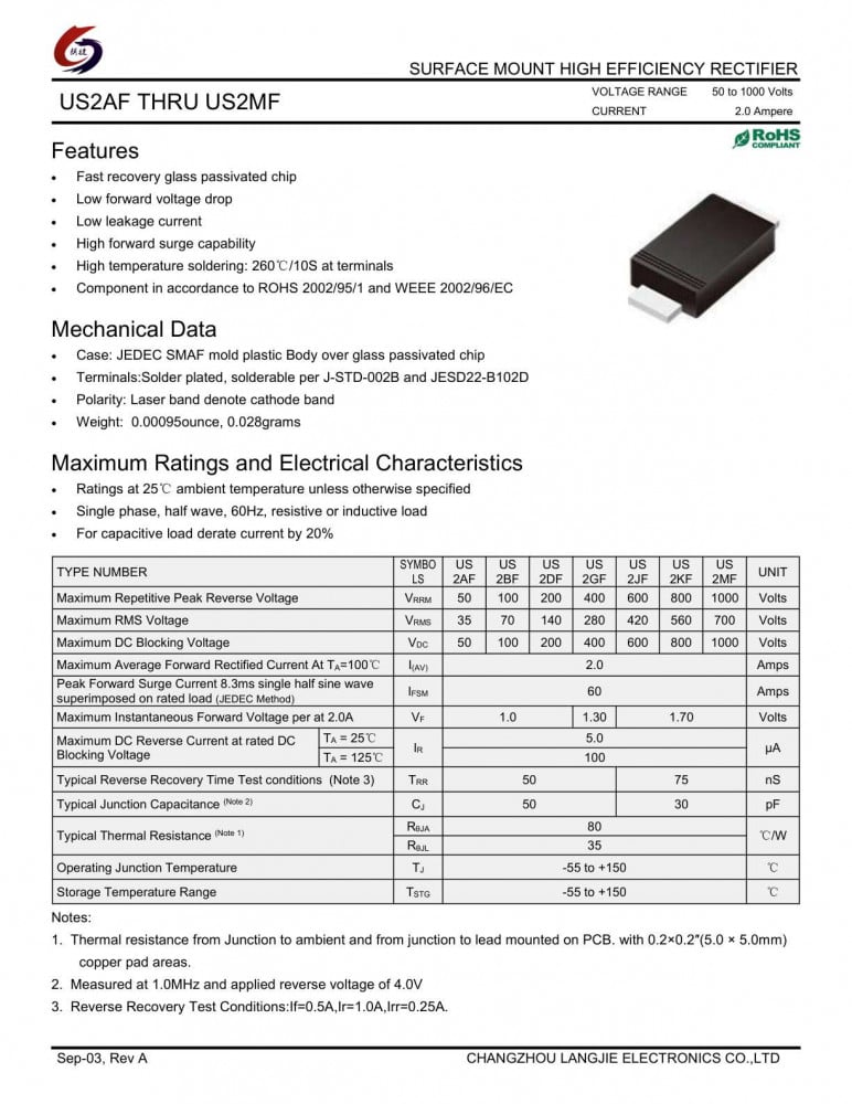 US2MF datasheet page 1