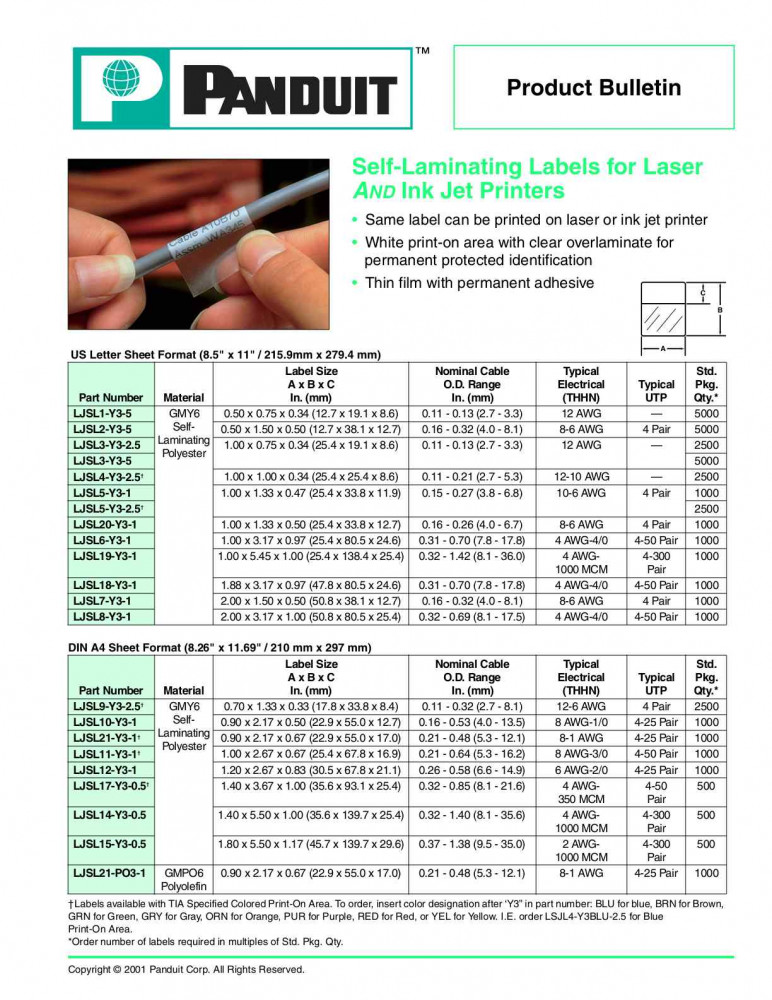 LJSL self-laminating label technical literature page 1