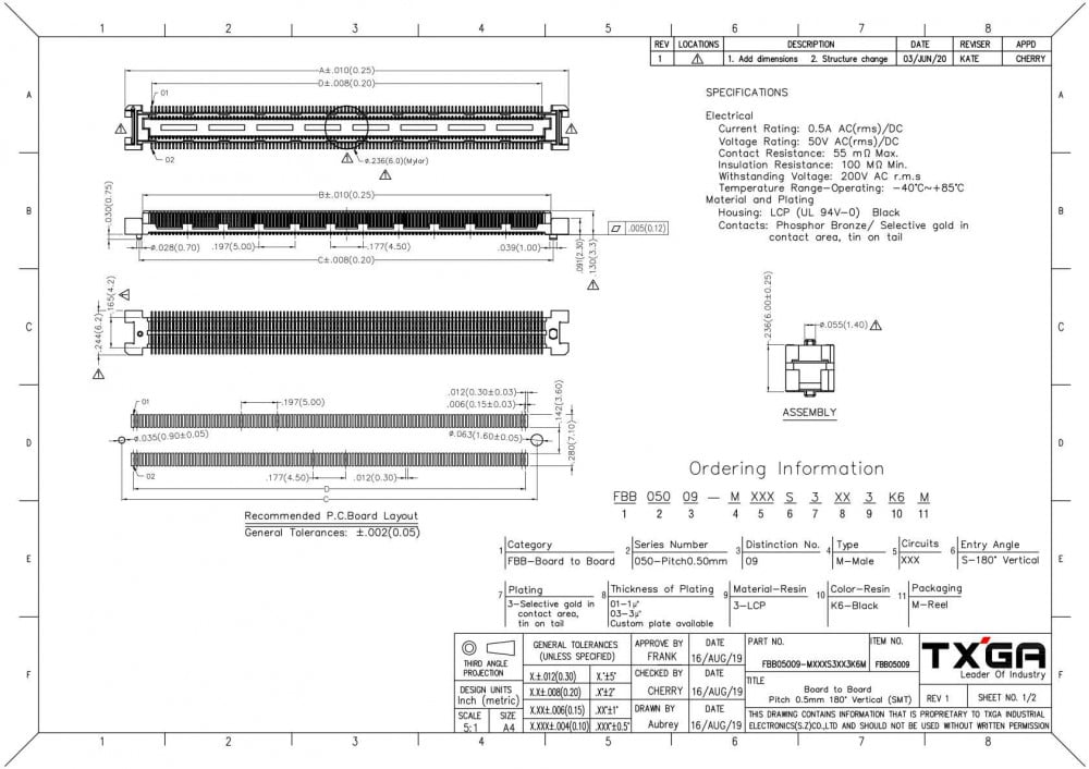 TXGA FBB05009 dimensional document page 1