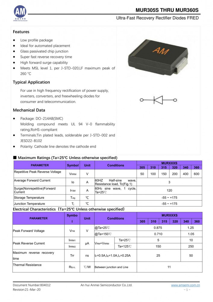 amsem MUR320S datasheet page 1