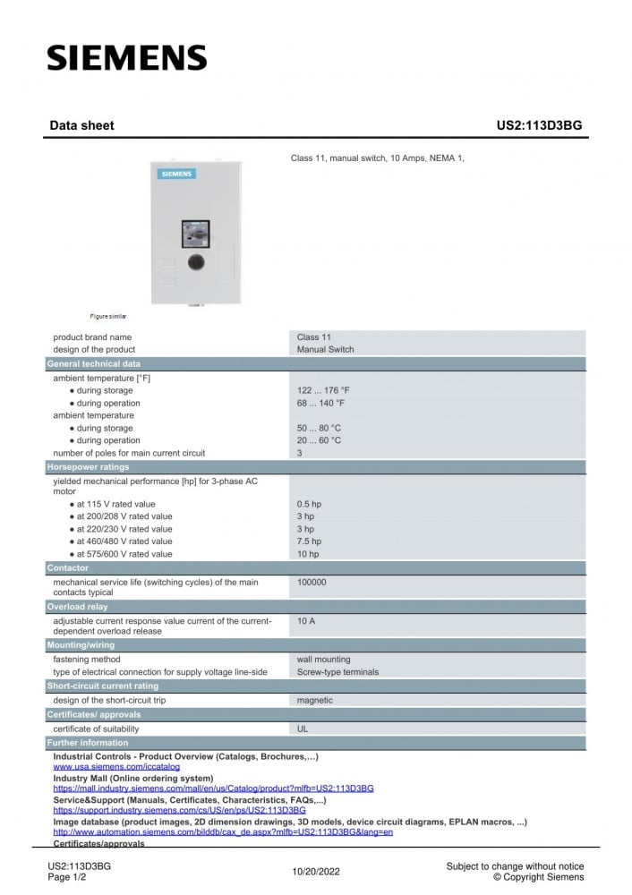 SIEMENS 113D3BG datasheet page 1