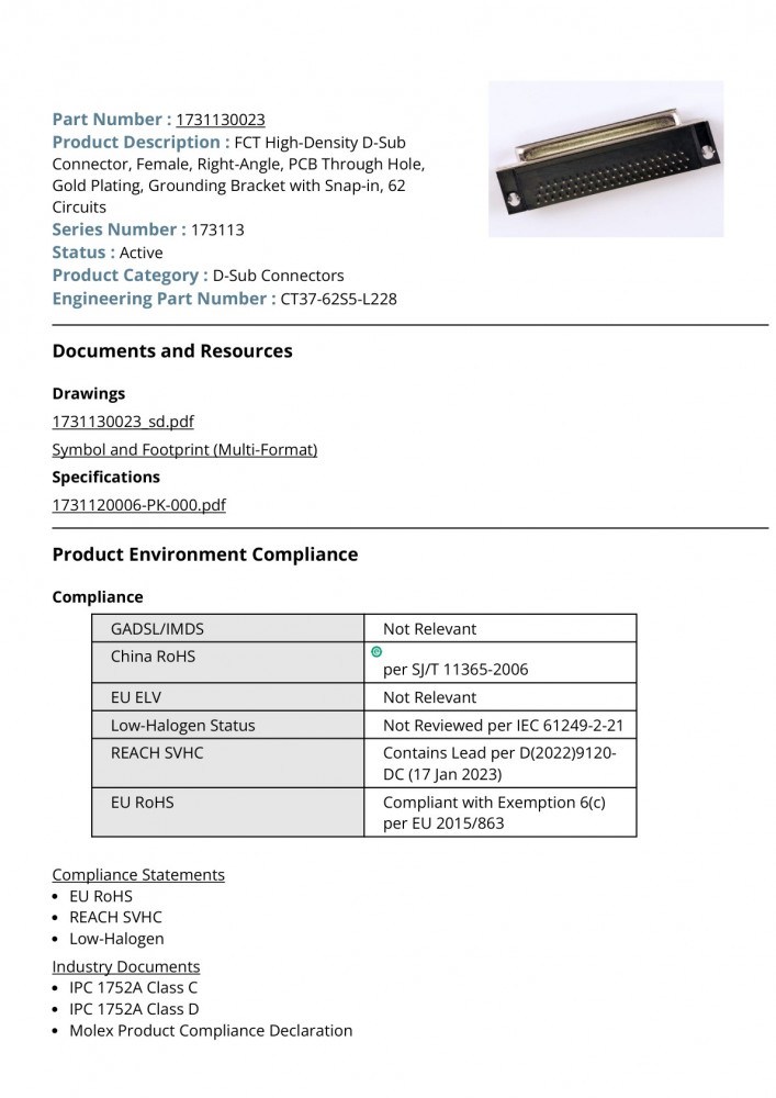 Technical document preview 1 for MOLEX 1731130023