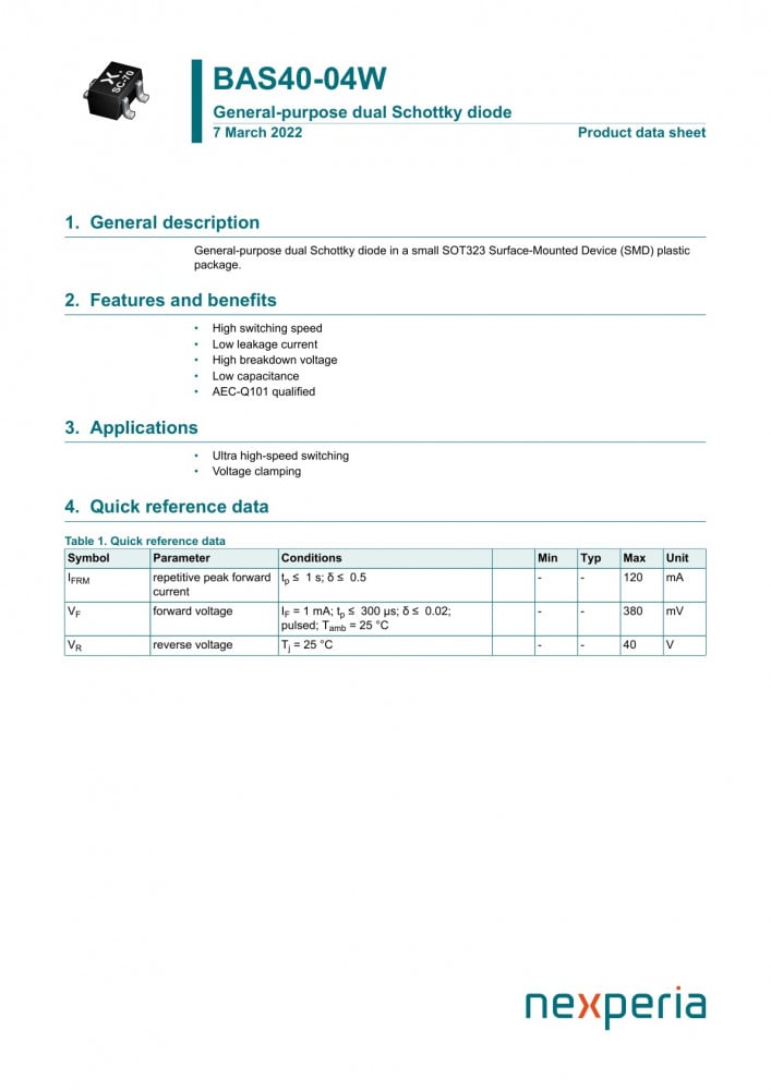 BAS40-04W datasheet page 1