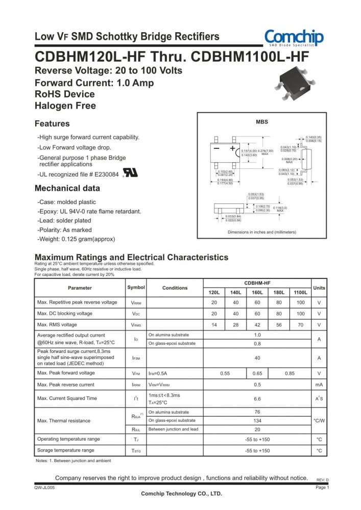 CDBHM160L-HF datasheet page 1