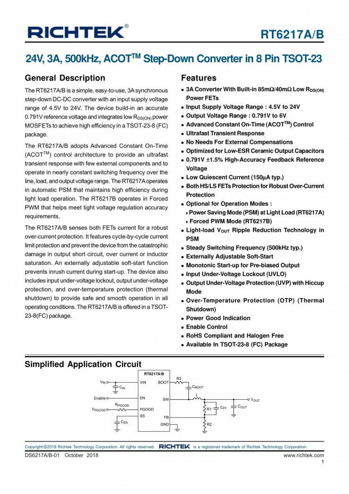 RT6217AHGJ8F datasheet page 1