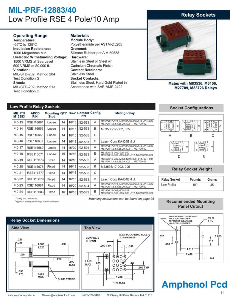 Amphenol relay socket dimensional and configuration page
