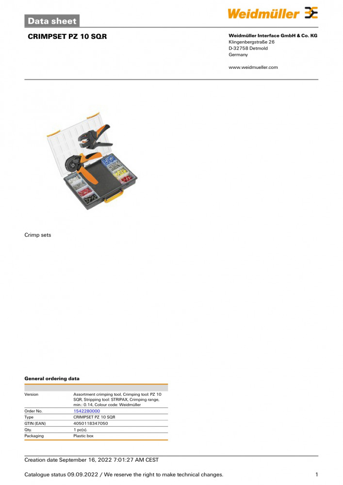 WEIDMULLER CRIMPSET PZ 10 SQR documentation page 1