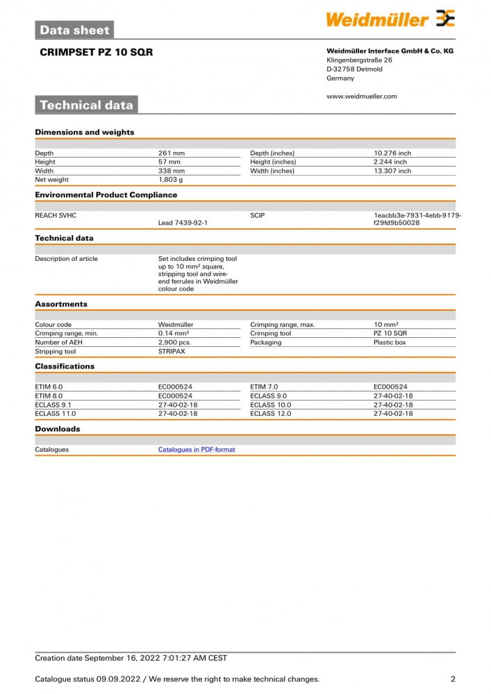 WEIDMULLER CRIMPSET PZ 10 SQR documentation page 2