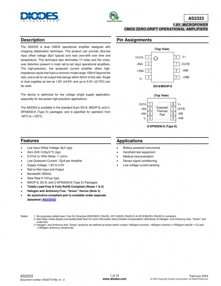 AS2333M8-13 datasheet page 1