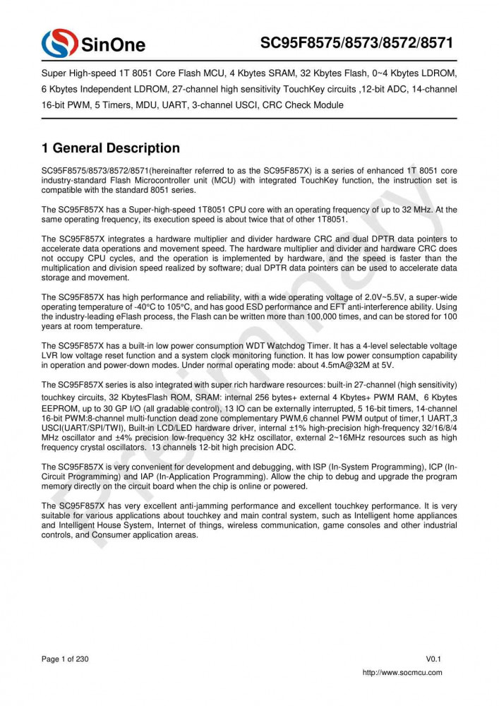 SC95F8572 datasheet preview, page 1