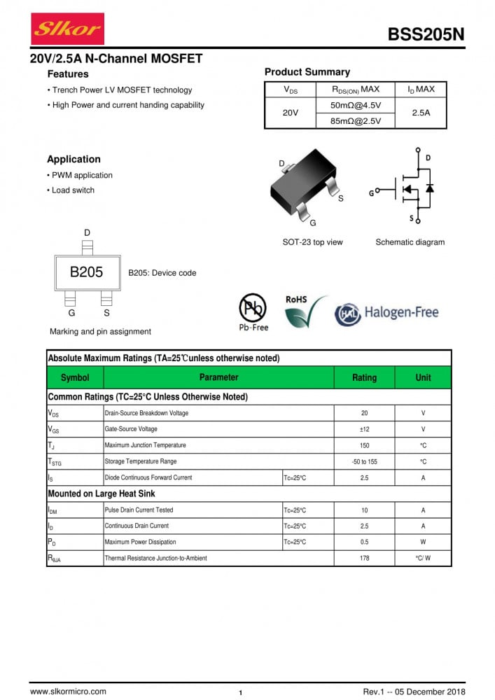 BSS205N datasheet page 1
