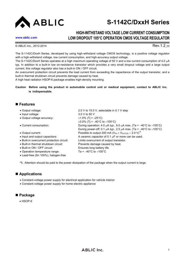 S-1142C/DxxH datasheet page 1