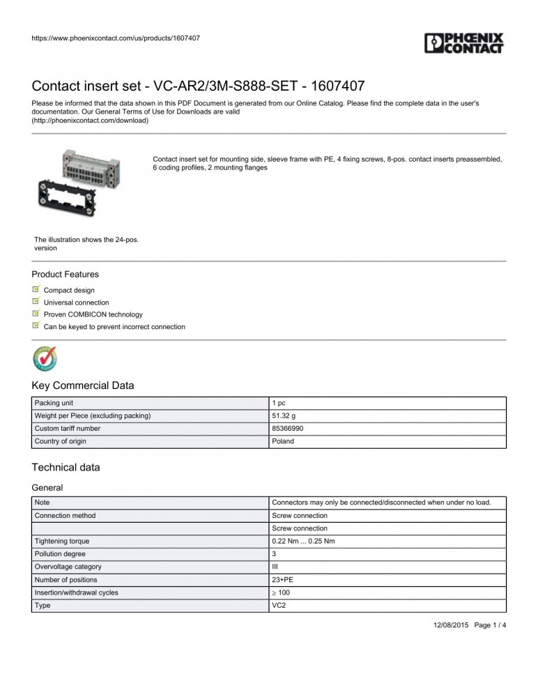 Phoenix Contact 1607407 product document page 1