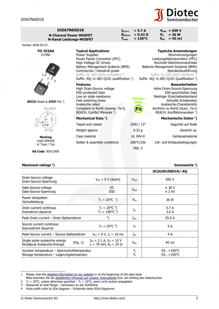 DI5A7N65D1K-AQ datasheet page 1