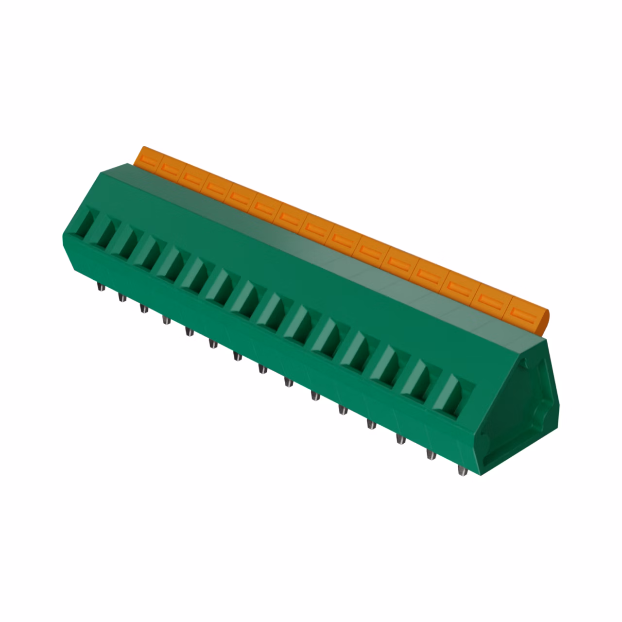 5.08mm Pitch, Eurostyle Fixed-Mount Push-Button Terminal Block, 45° Modular , 18A, 26-14 AWG, Green, 15 Circuits for sale
