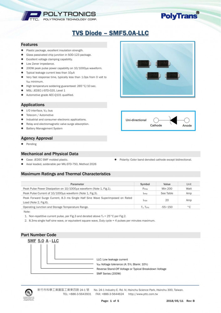 SMF5.0A-LLC datasheet page 1