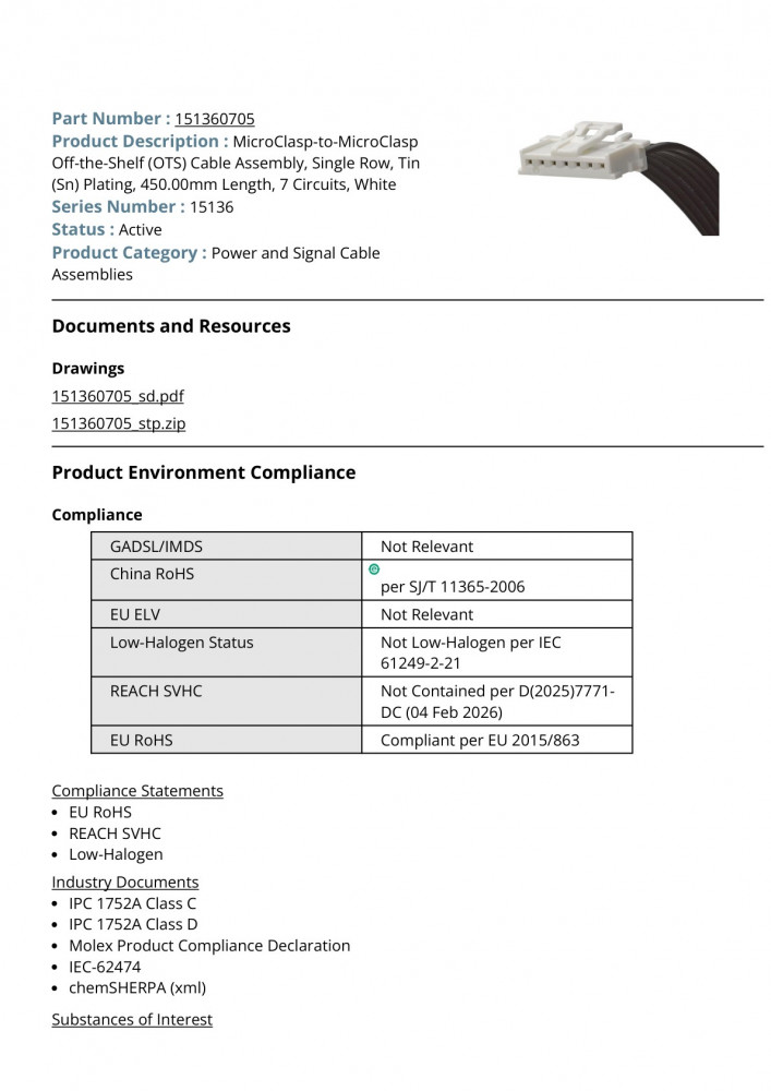 MOLEX 151360705 product document image 1