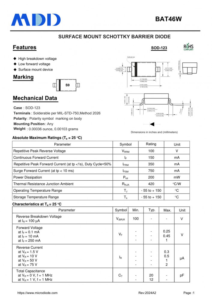 BAT46W technical document page 1