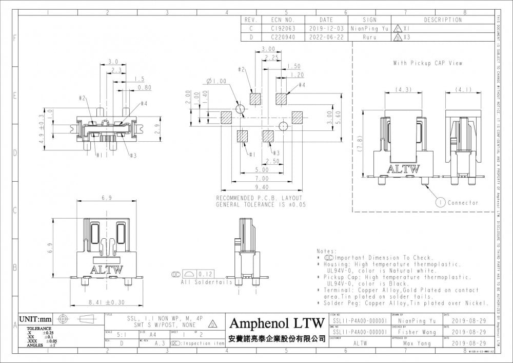 Amphenol SSL11-P4A00-000001 drawing page 1