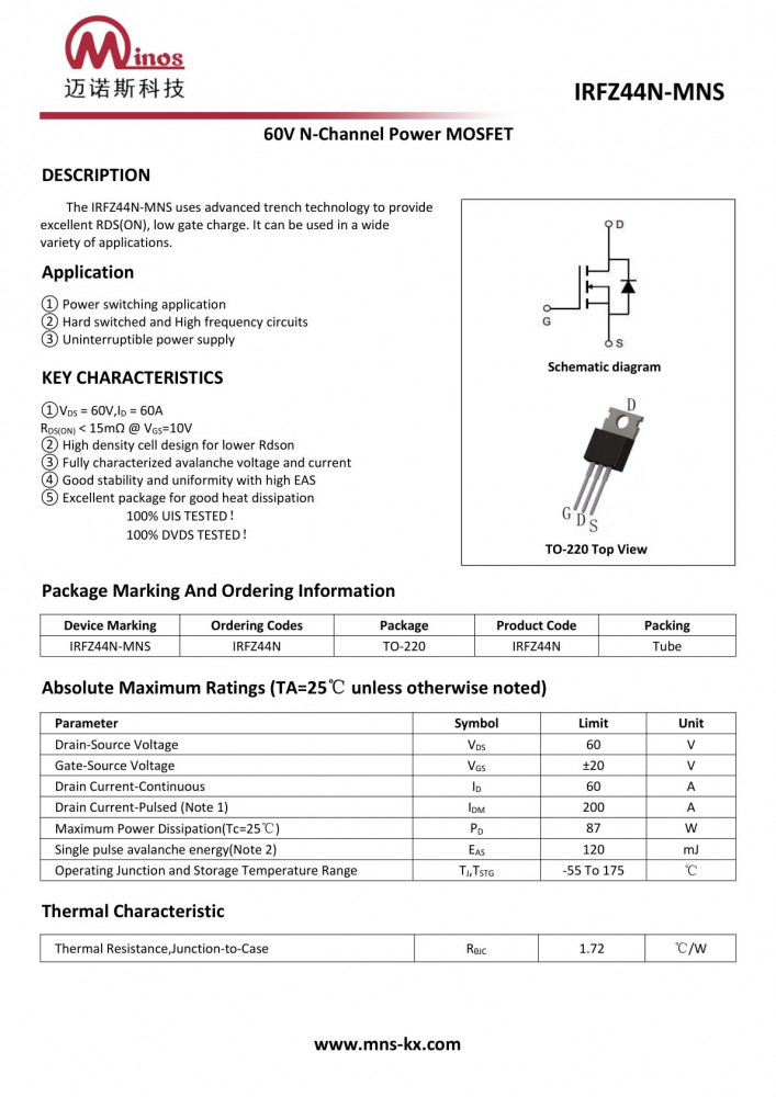 IRFZ44N-MNS datasheet page 1
