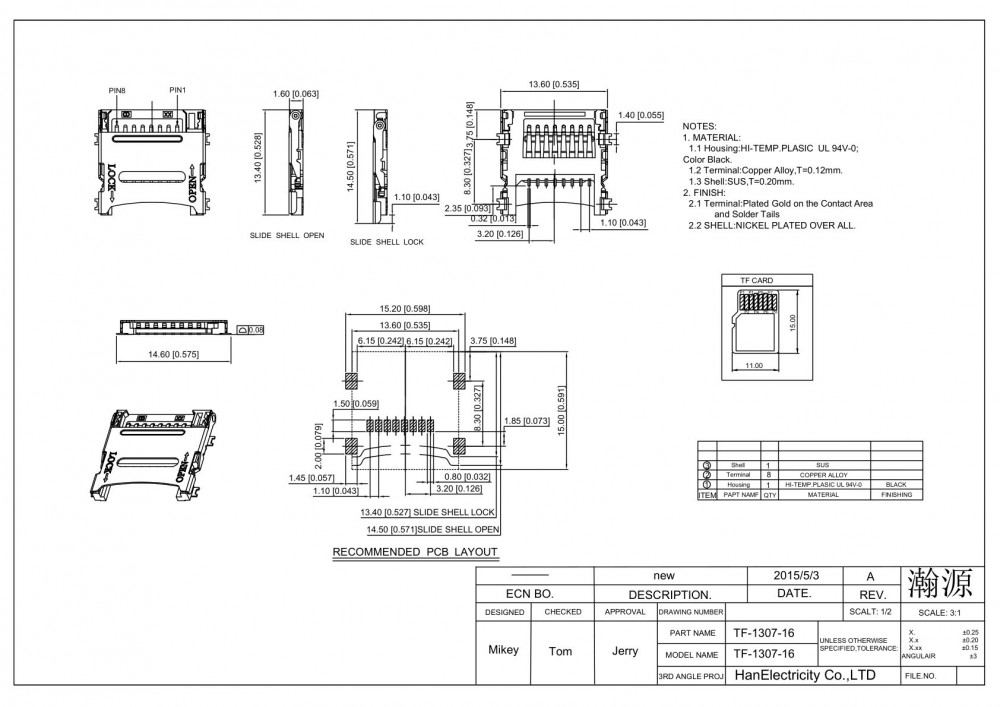 TF-1307-16 technical drawing and material notes