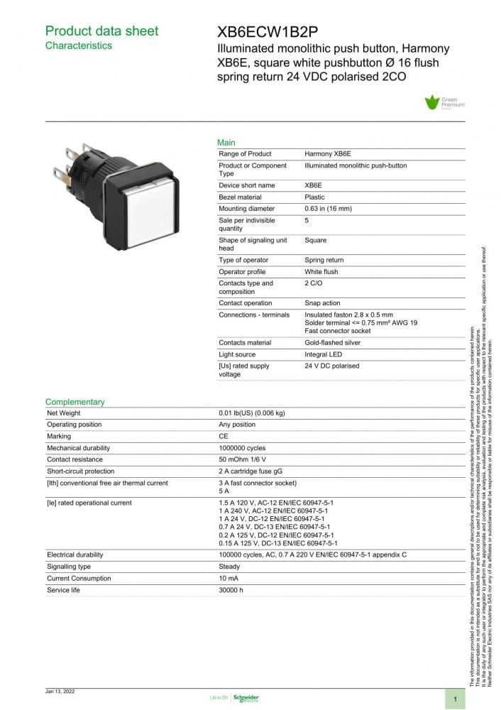XB6ECW1B2P technical document page 1