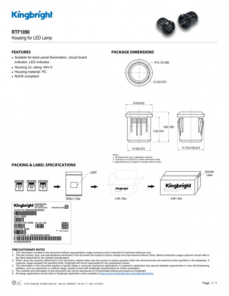 Kingbright RTF1090 technical document page