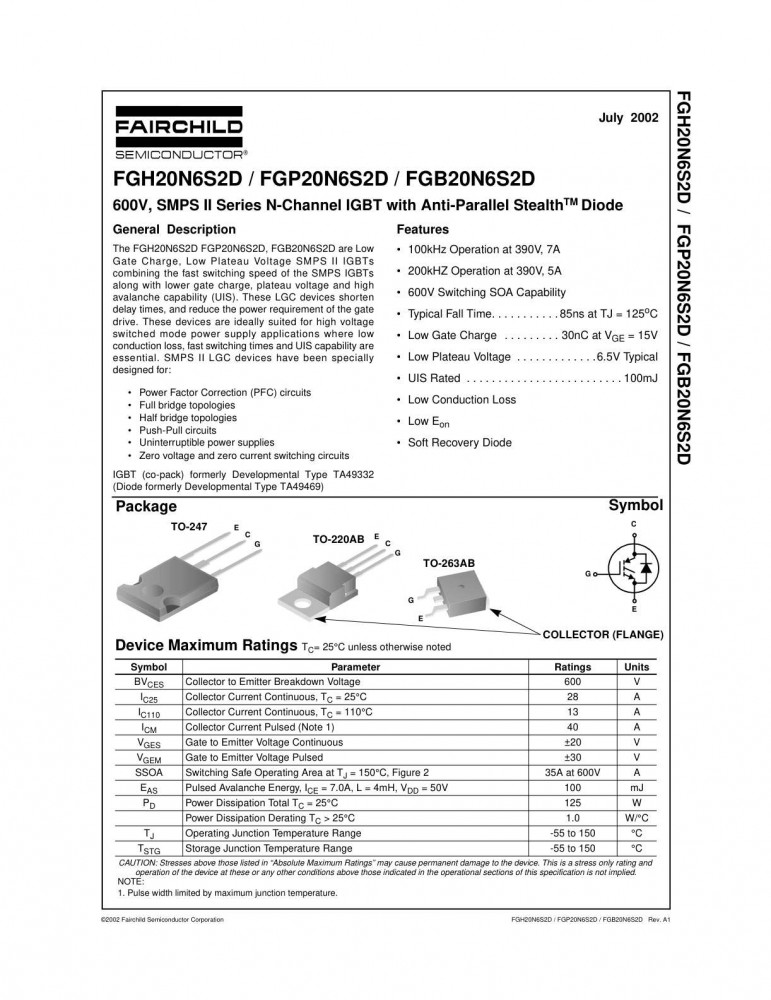 FGB20N6S2D datasheet page 1