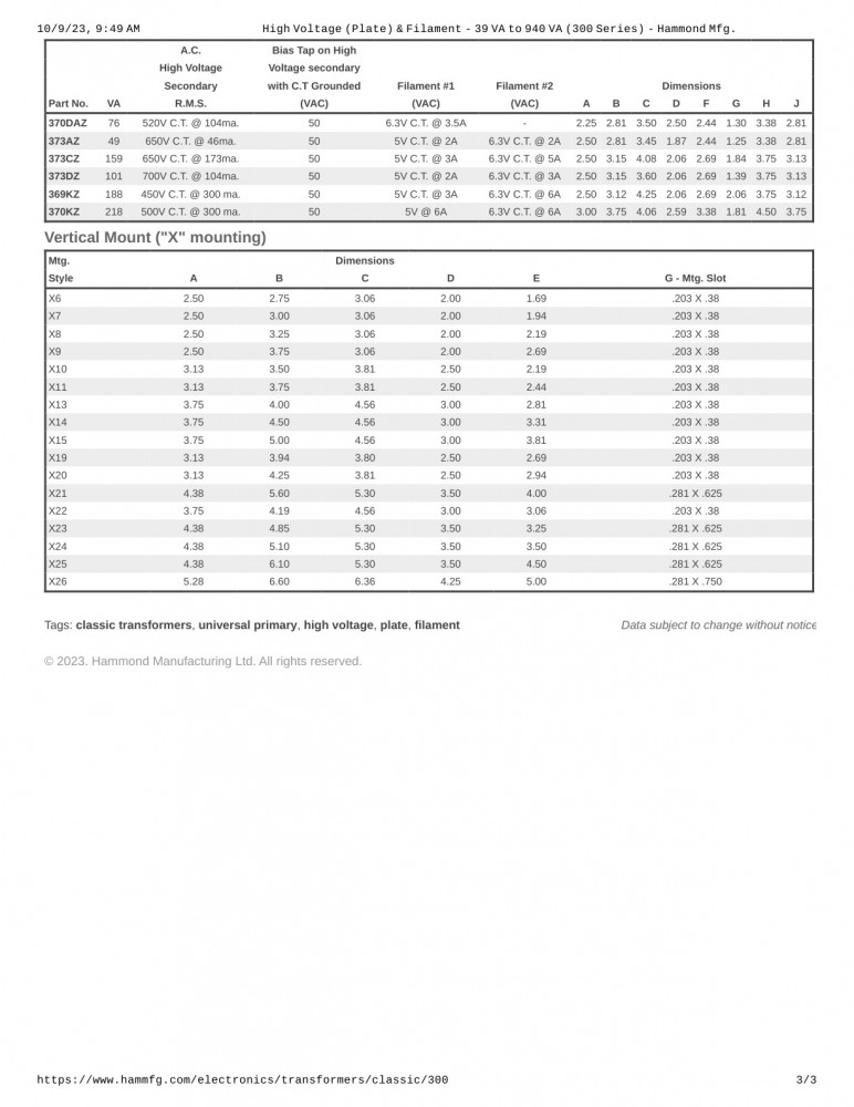 Hammond 300 Series transformer documentation page 3