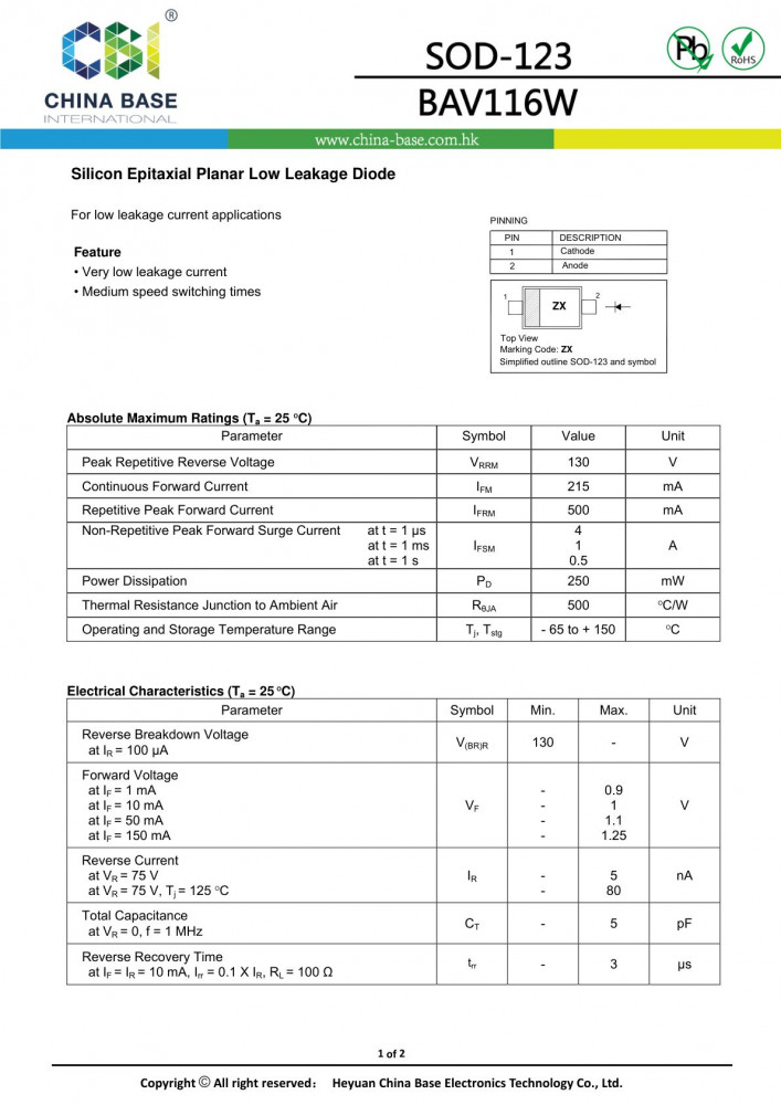 CBI BAV116W datasheet page 1