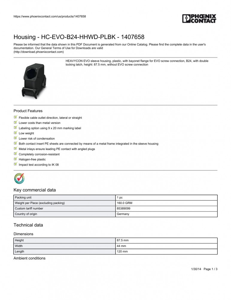 Phoenix Contact 1407658 product documentation page 1